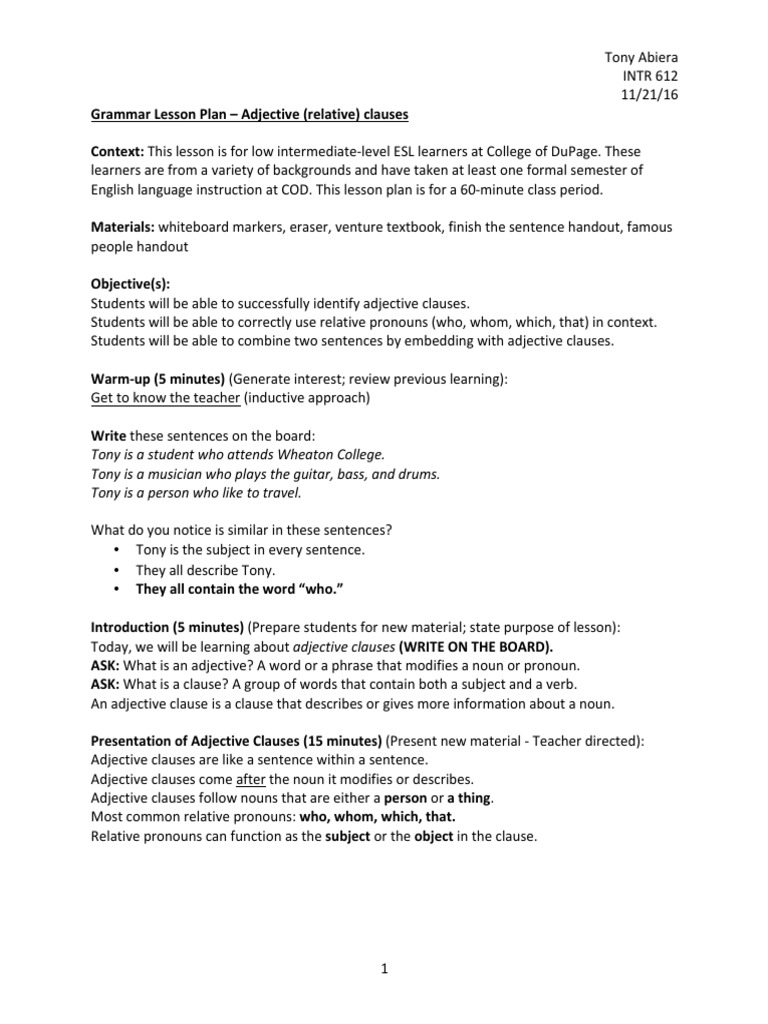 612 Grammar Lesson Plan | PDF | Clause | Adjective