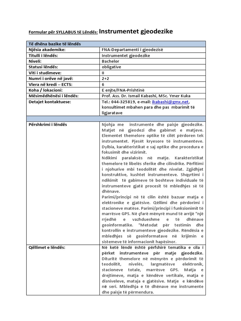 Syllabus Instrumentet Gjeodezike Ismail Kabashi | PDF