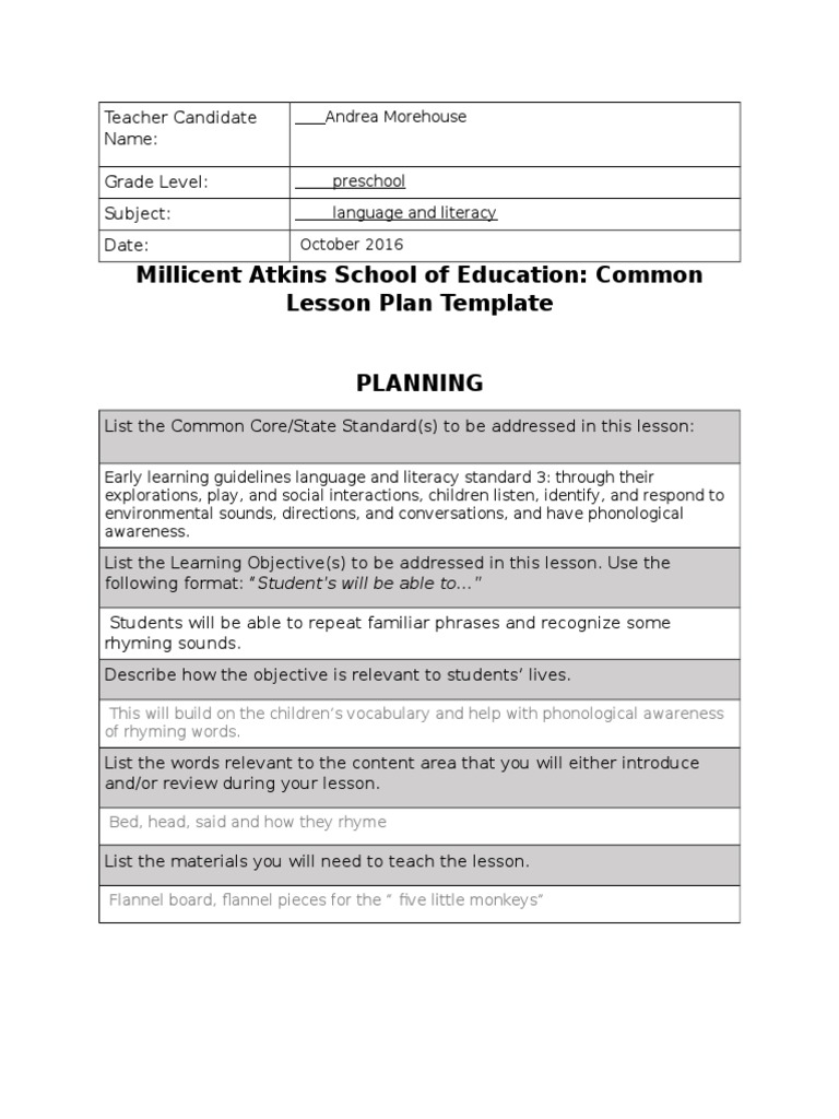 Millicent Atkins School of Education: Common Lesson Plan Template | PDF ...