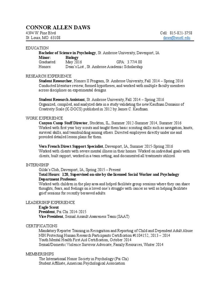 Connor A Daws Resume | PDF | Grief | Psychology