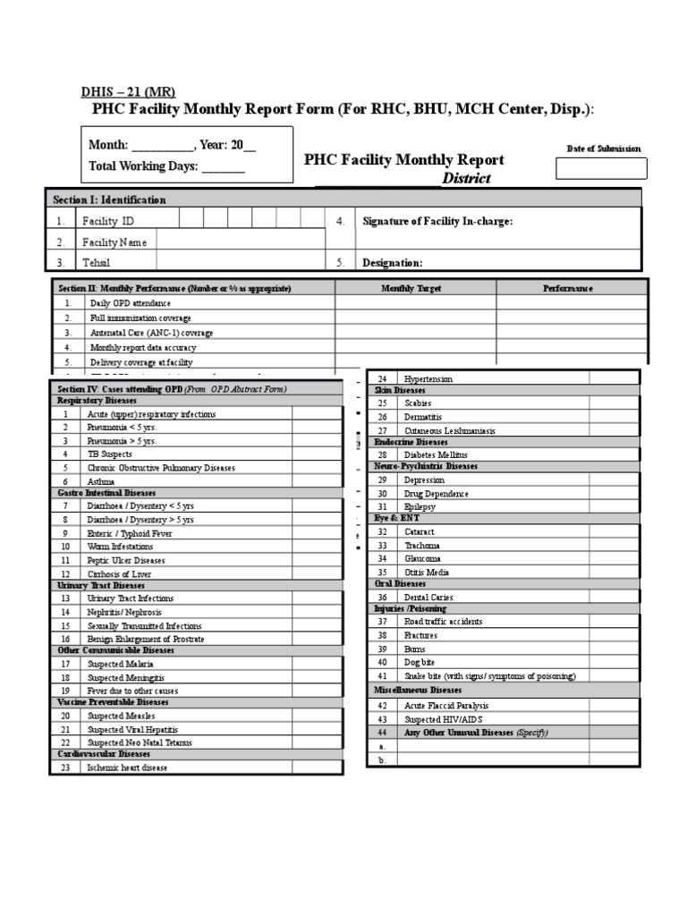 DHIS Monthly Reporting Form (PHC Facilities) | Vaccines | Public Health