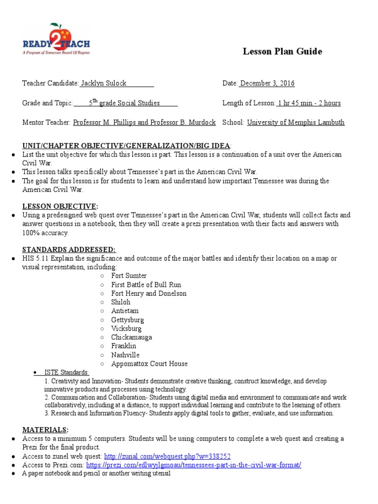 Edtpa Lesson Plan Jacklyn Sulock | PDF | Lesson Plan | American Civil War