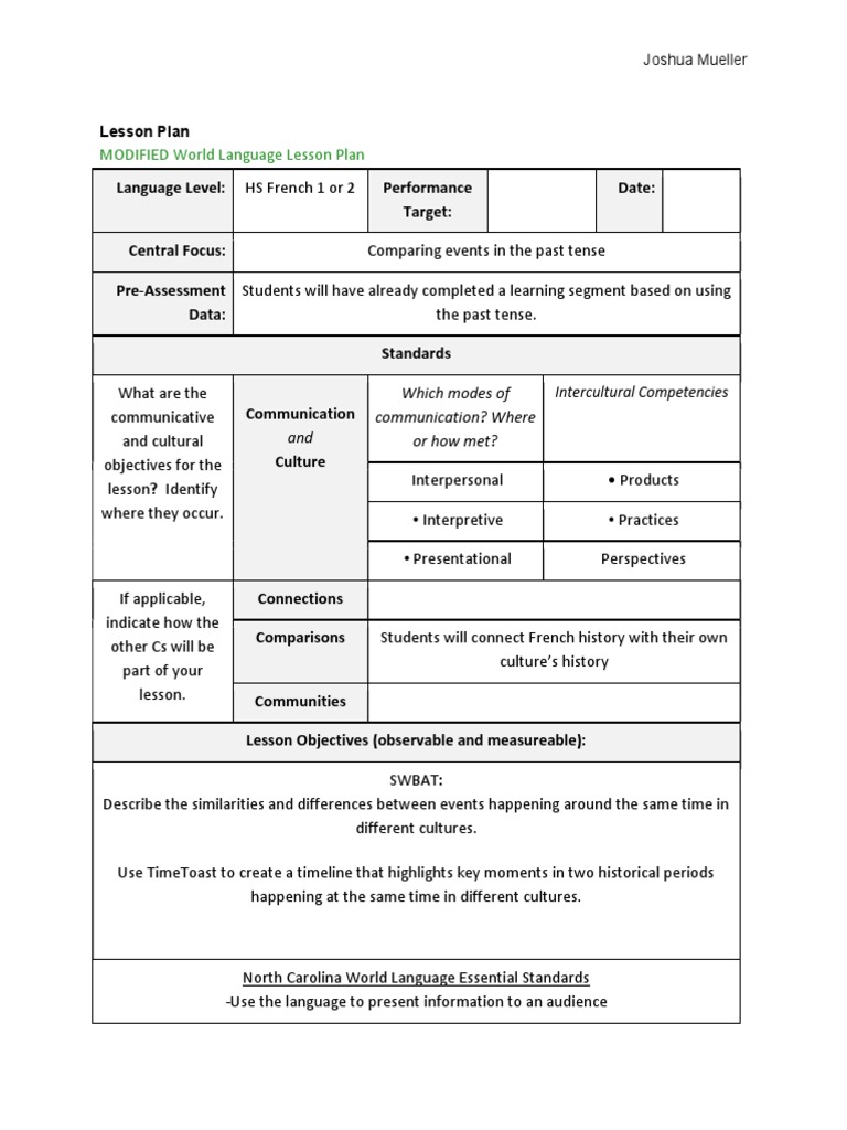 MODIFIED World Language Lesson Plan: Joshua Mueller | PDF | Lesson Plan ...