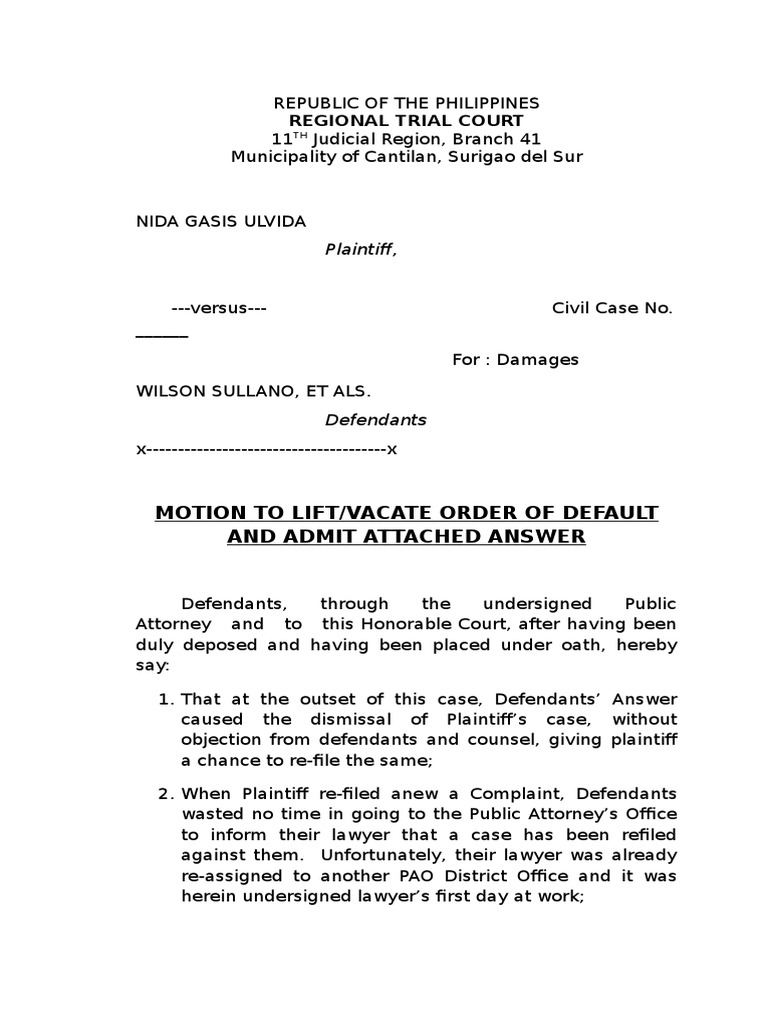 Motion to Lift Default Order in Philippines | PDF | Complaint | Lawyer