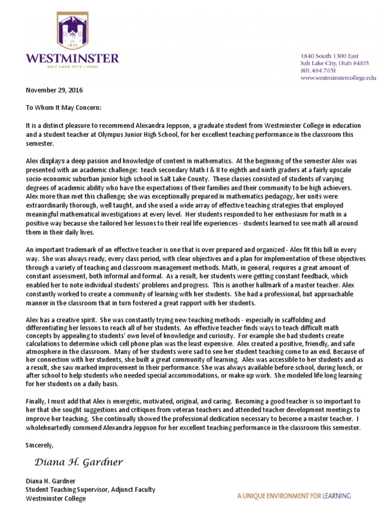 letter of recommendation diana gardner | Teachers | Educational Psychology