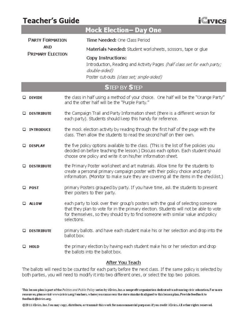 Teacher's Guide: Mock Election - Day One | PDF | Elections | Primary ...