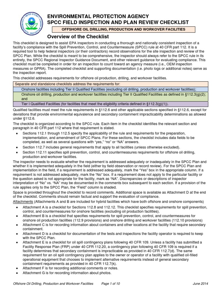 Environmental Protection Agency SPCC Field Inspection and Plan Review ...