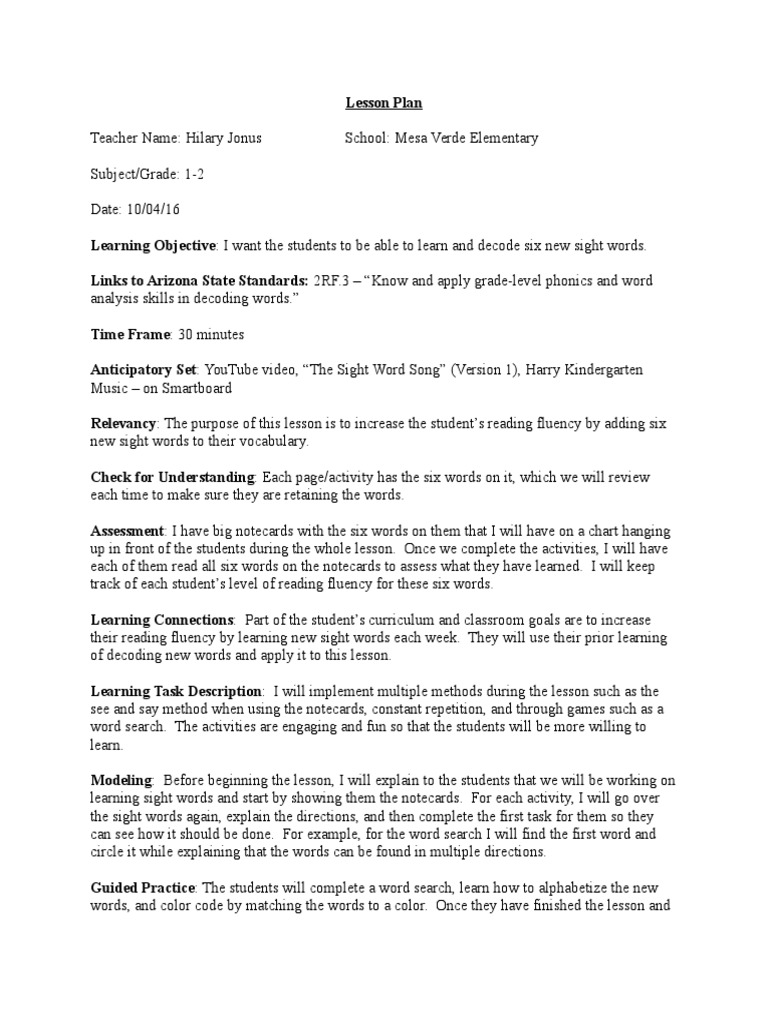Lessonplan Formal Observation 1 | PDF | Reading (Process) | Lesson Plan
