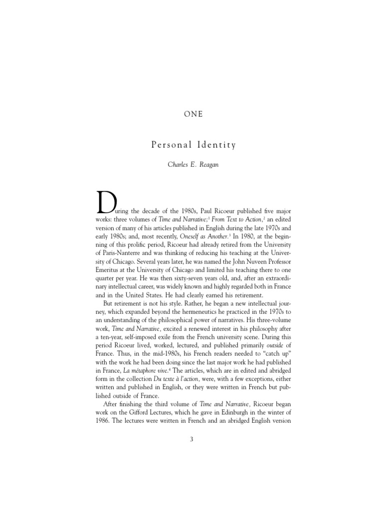 Personal Identity Charles E Reagan (Paul Ricoeur) PDF | PDF | Immanuel ...