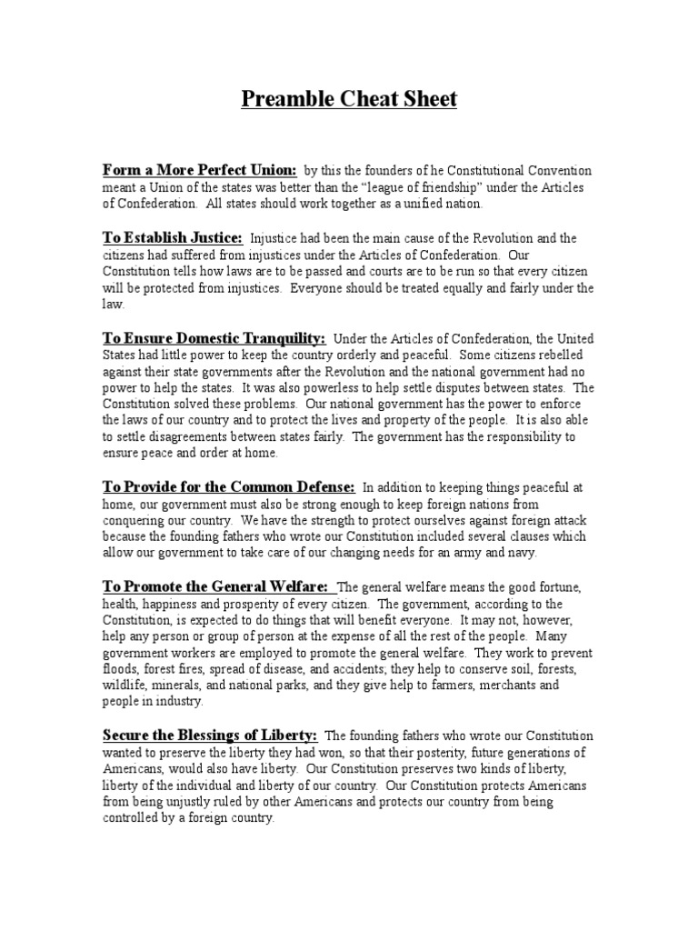 Preamble Cheat Sheet: Form A More Perfect Union | PDF | Union (American ...