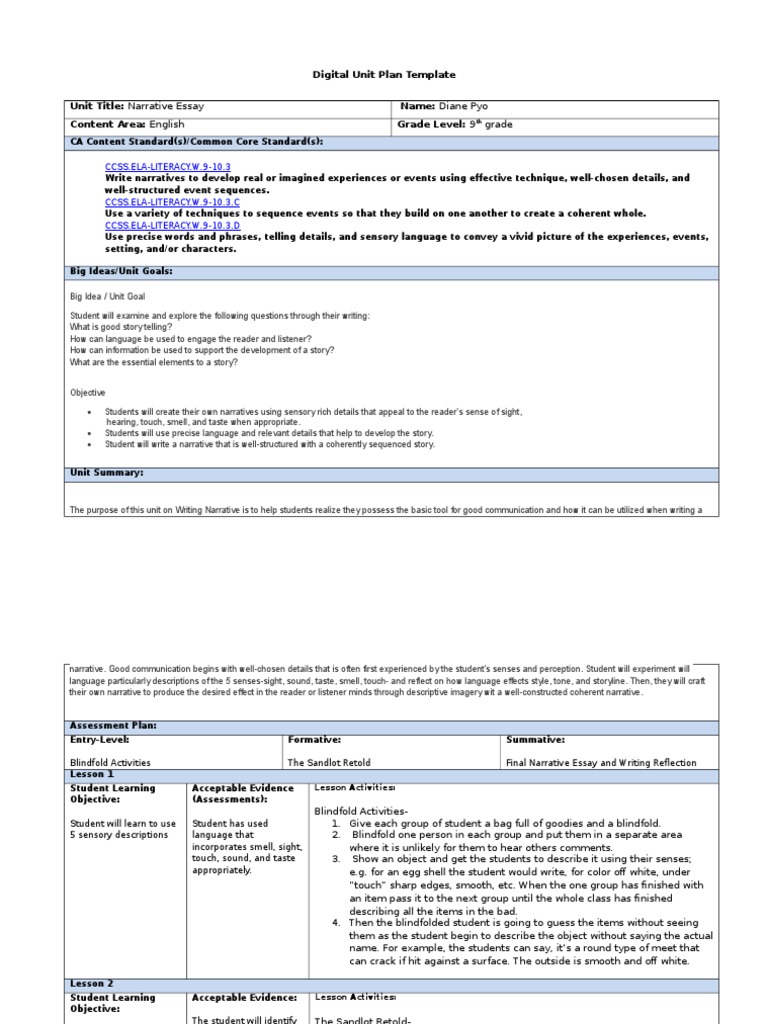 Digital Unit Plan Template Unit Title: Narrative Essay Name: Diane Pyo ...