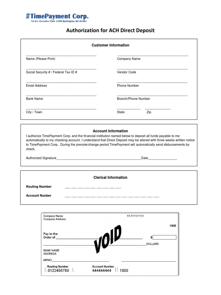 Ach Direct Deposit Authorization Form | PDF