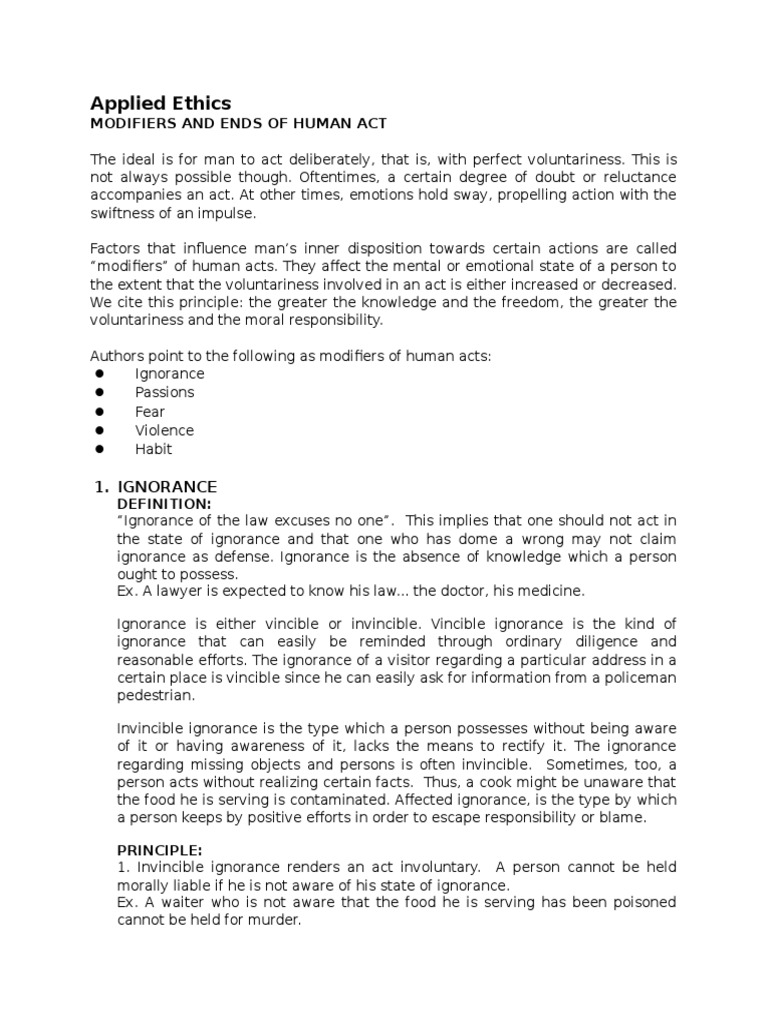 Applied Ethics: Modifiers and Ends of Human Act | PDF