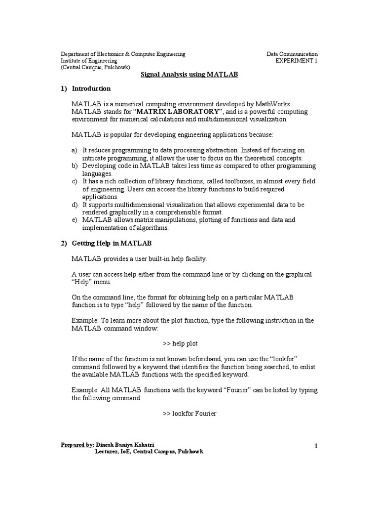 Signal Analysis Using MATLAB | PDF | Matlab | Signal (Electrical ...