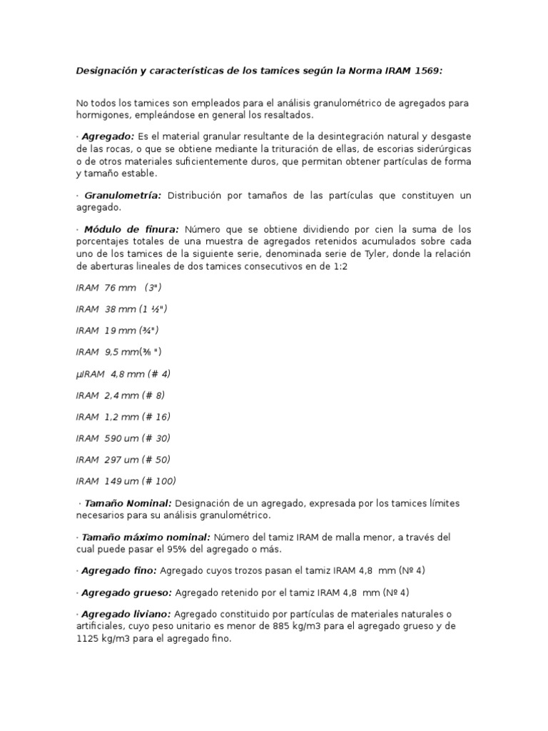 Designación y Características de Los Tamices Según La Norma IRAM 1569 | PDF