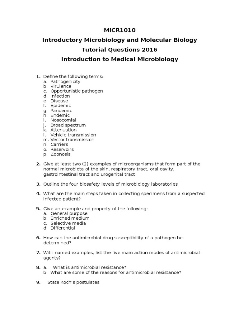 Micr1010 Tutorial Medical Microbiology 2016 Pdf