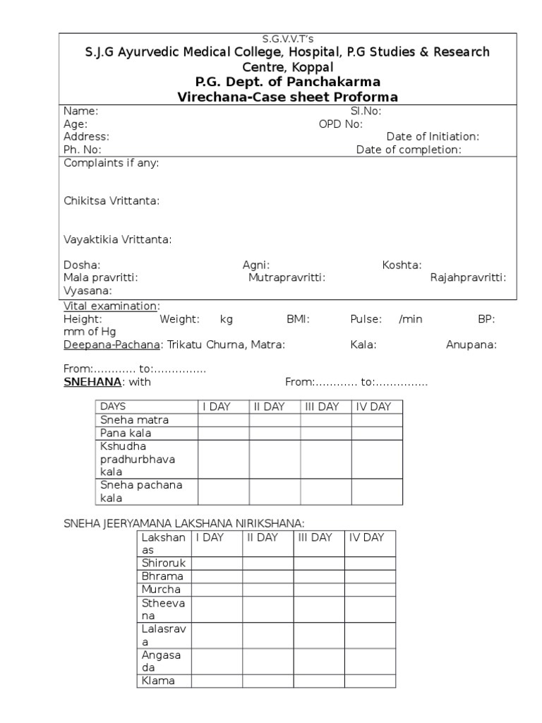 Virechana Case Sheet Proforma | PDF