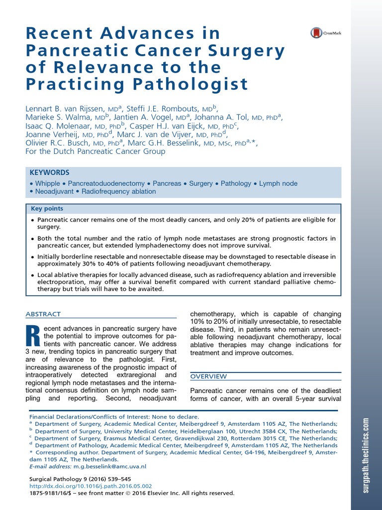 Recent Advances in Pancreatic Cancer Surgery of Relevance To The ...