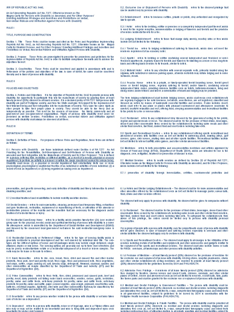 Irr of Republic Act No 9442 (Amending Irr of Ra 7277) | Special ...
