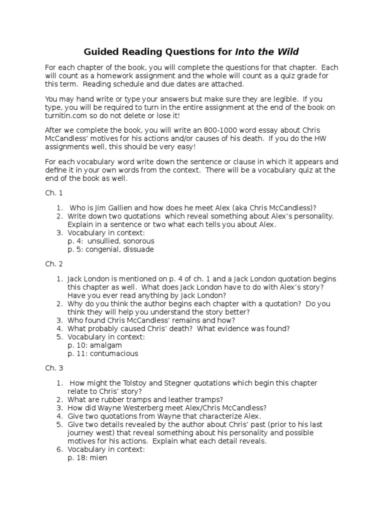 Guided Reading Questions For Into The Wild | PDF | Homework | Semiotics