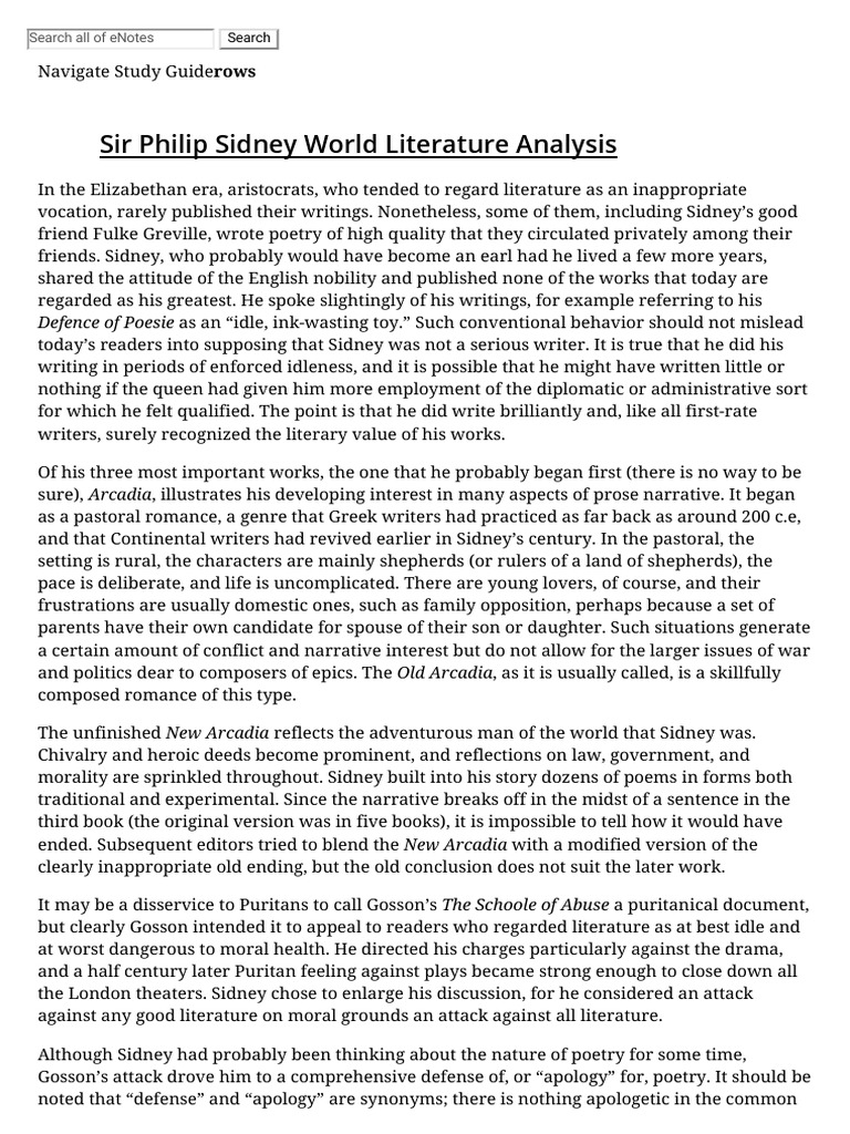 Sir Philip Sidney Essay - Sir Philip Sidney World Literature Analysis ...