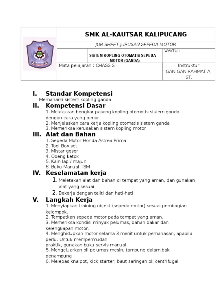 Job Sheet Sistem Kopling Otomatis | PDF | Teknologi & Rekayasa