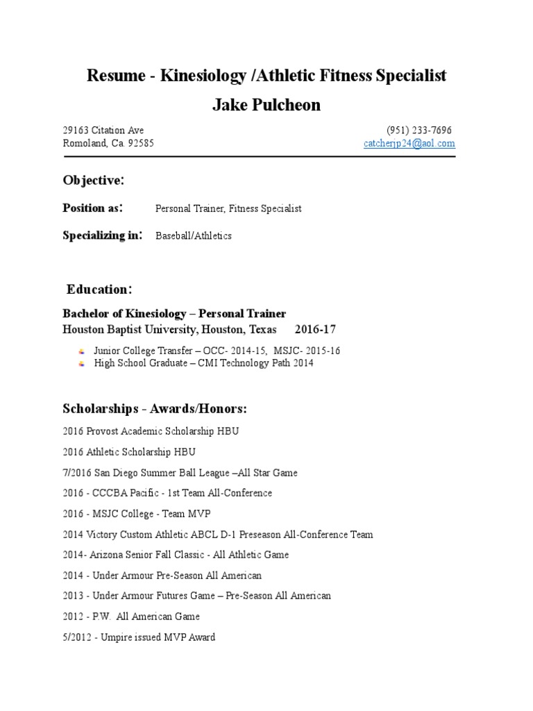 Resume - Kinesiology /athletic Fitness Specialist Jake Pulcheon | PDF