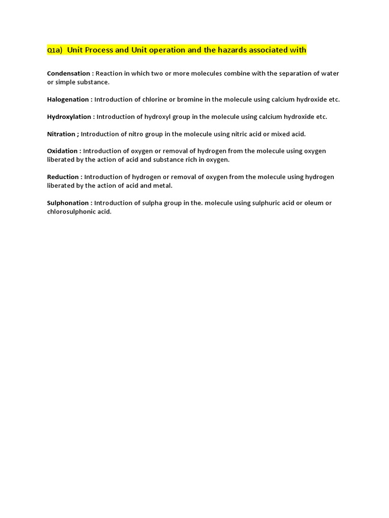 A) Unit Process and Unit Operation and The Hazards Associated With | PDF