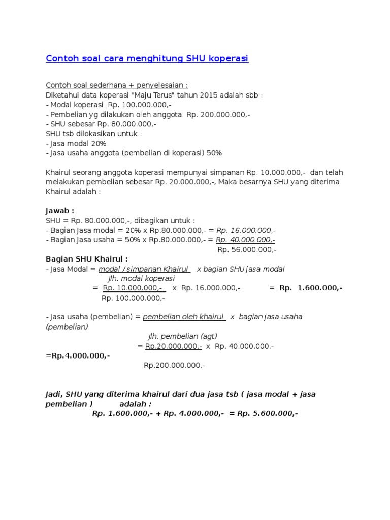 Contoh Soal Cara Menghitung SHU Koperasi | PDF Contoh Soal Cara Menghitung SHU Koperasi | PDF