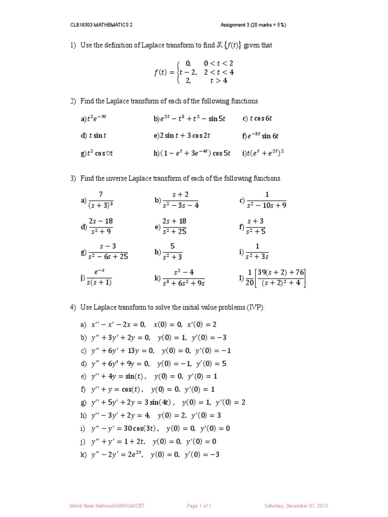 Clb19303 Mathematics 2 Assignment 3 (20 Marks 5%) : Mohd Nasir Mahmud ...