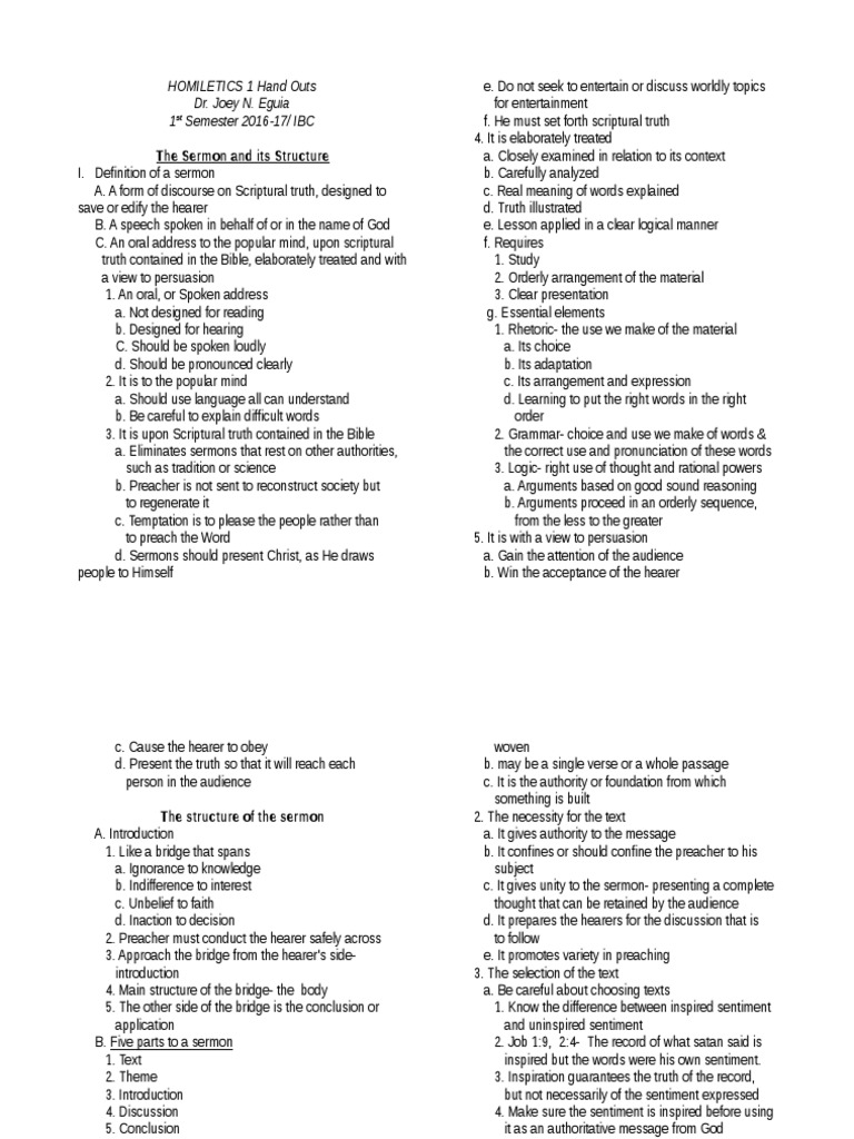 Homiletics 1 Hand Outs | PDF | Homiletics | Sermon
