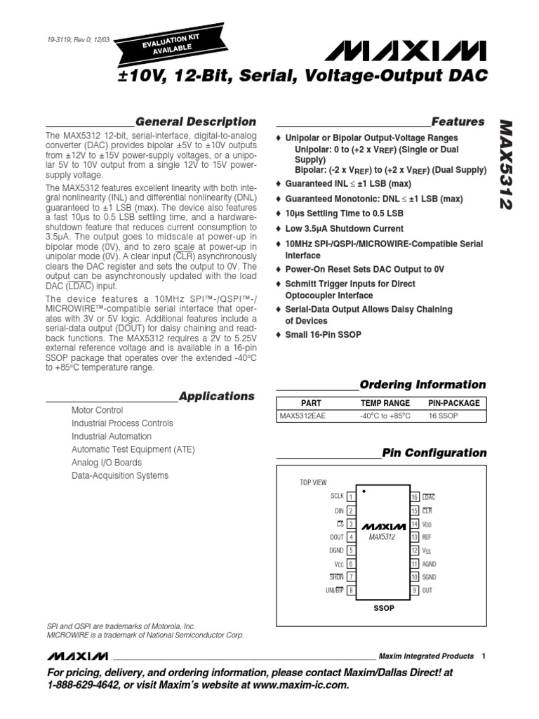 Datasheet - AX5312 12-bit ±10 12 15V DAC MAX5312 | Amplifier | Digital ...