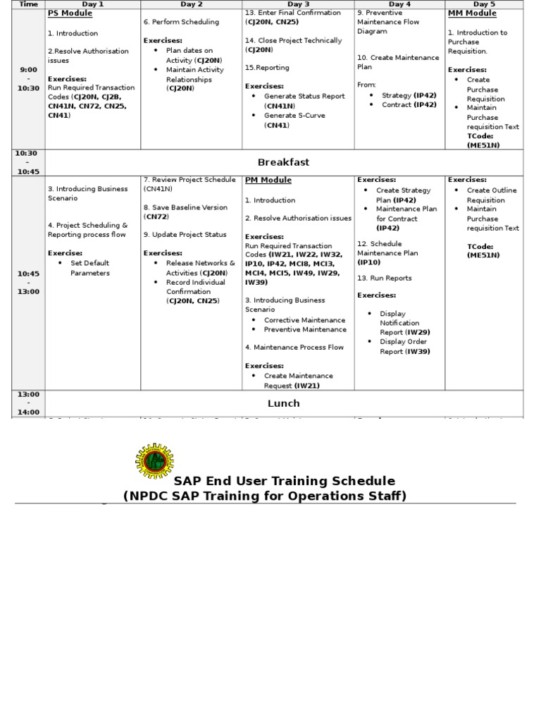 Sap Ps Training Schedule - Npdcops | PDF