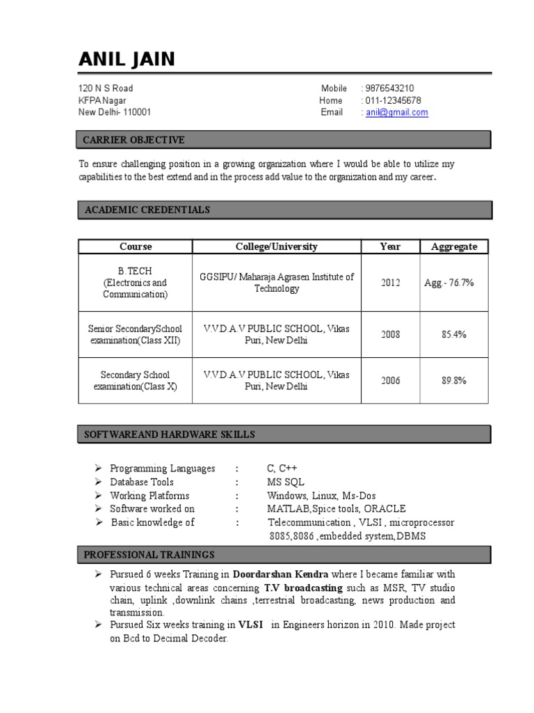 Electronics and Communication Engineering Resume Samples For Freshers ...