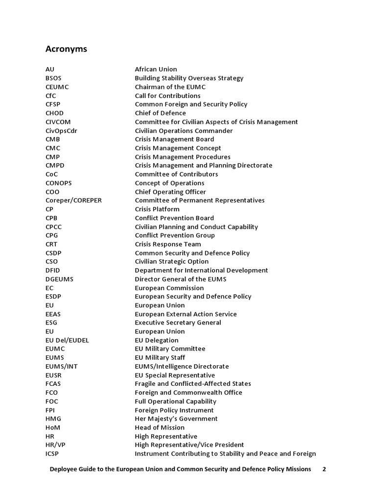 Acronyms: Deployee Guide To The European Union and Common Security and ...