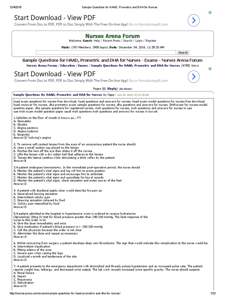 Sample Questions For HAAD, Prometric and DHA For Nurses | PDF | Urinary ...