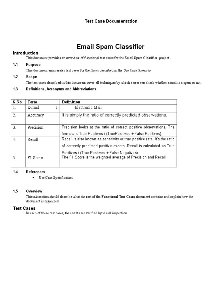 Email Spam Classifier: Test Case Documentation | PDF