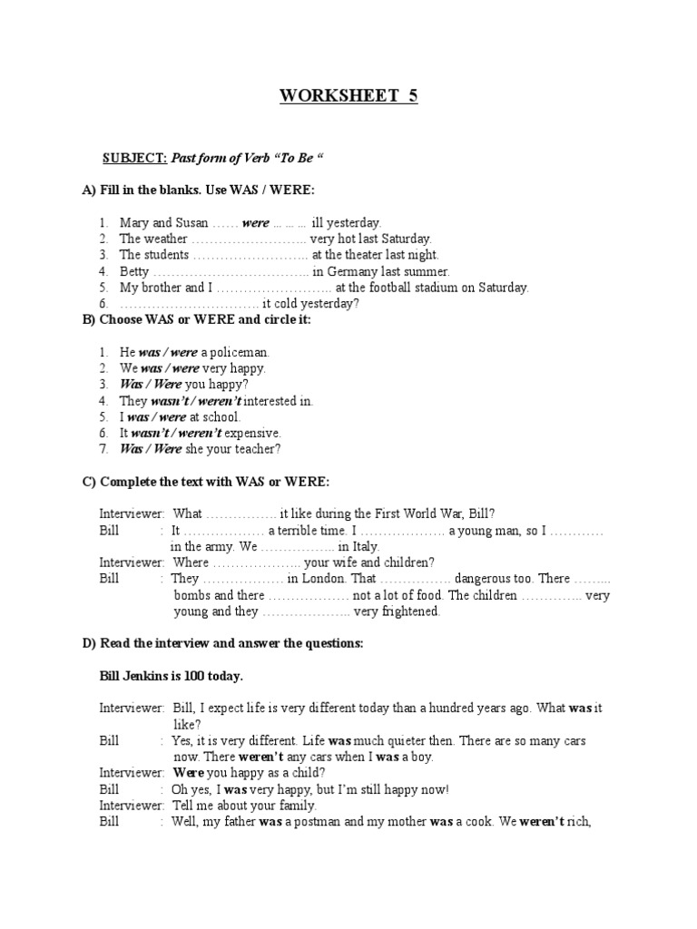Worksheet 5 SUBJECT Past Form Of Verb To Be PDF Grammatical