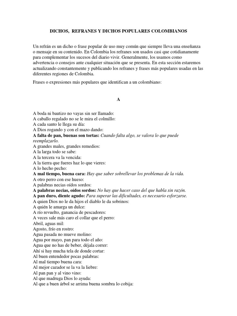 Refranes y Dichos Populares Colombianos | PDF | Diablo | Pollo