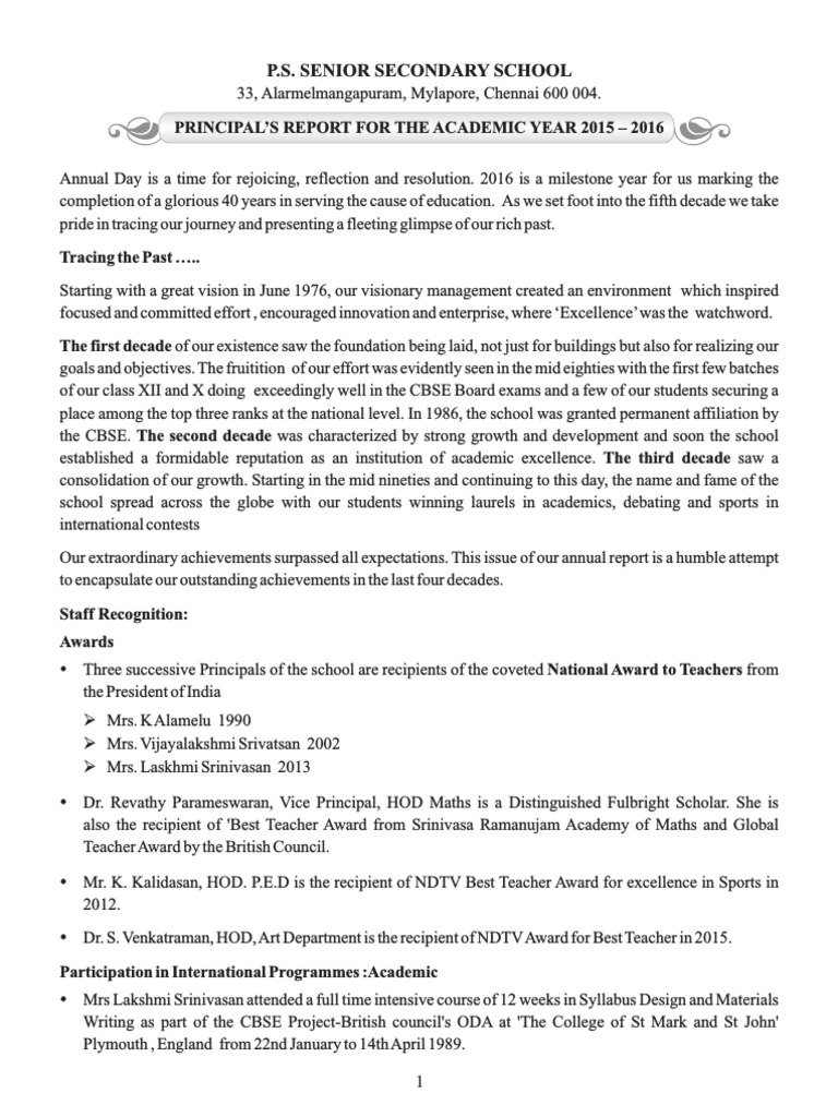 Principal's Annual Report 2015-16 | PDF | Teachers | Insurance