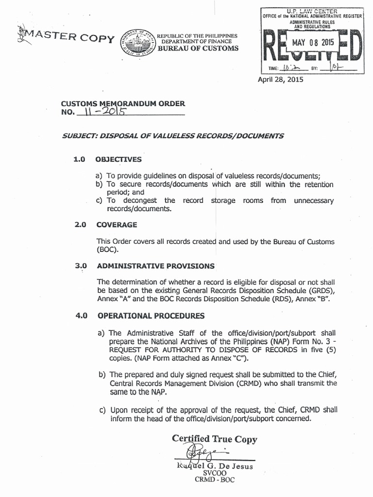 CMO No.11 2015 Disposal of Valueless Records Documents1 | PDF ...