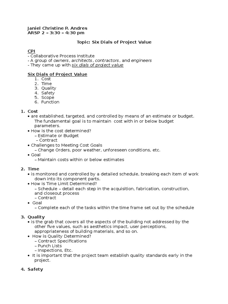 Six Dials of Project Value | PDF