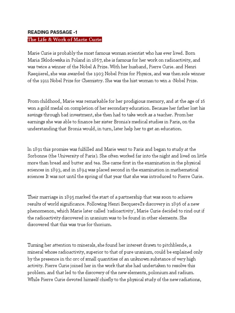 The Life & Work of Marie Curie: Reading Passage - 1 | PDF | Marie Curie