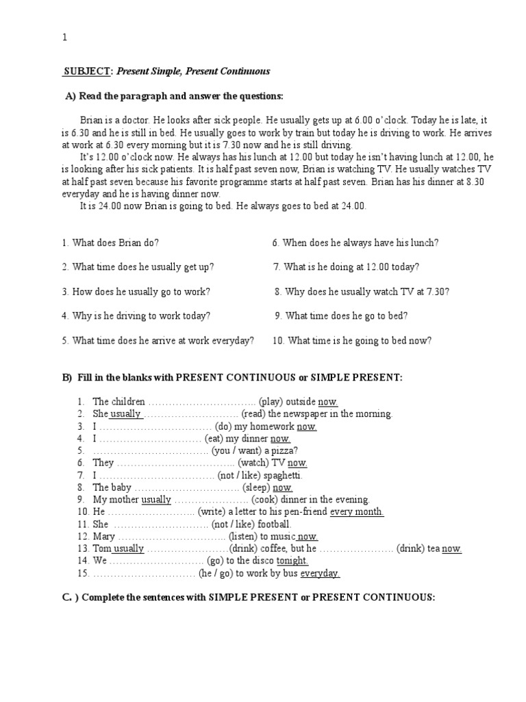 SUBJECT: Present Simple, Present Continuous A) Read The Paragraph and ...