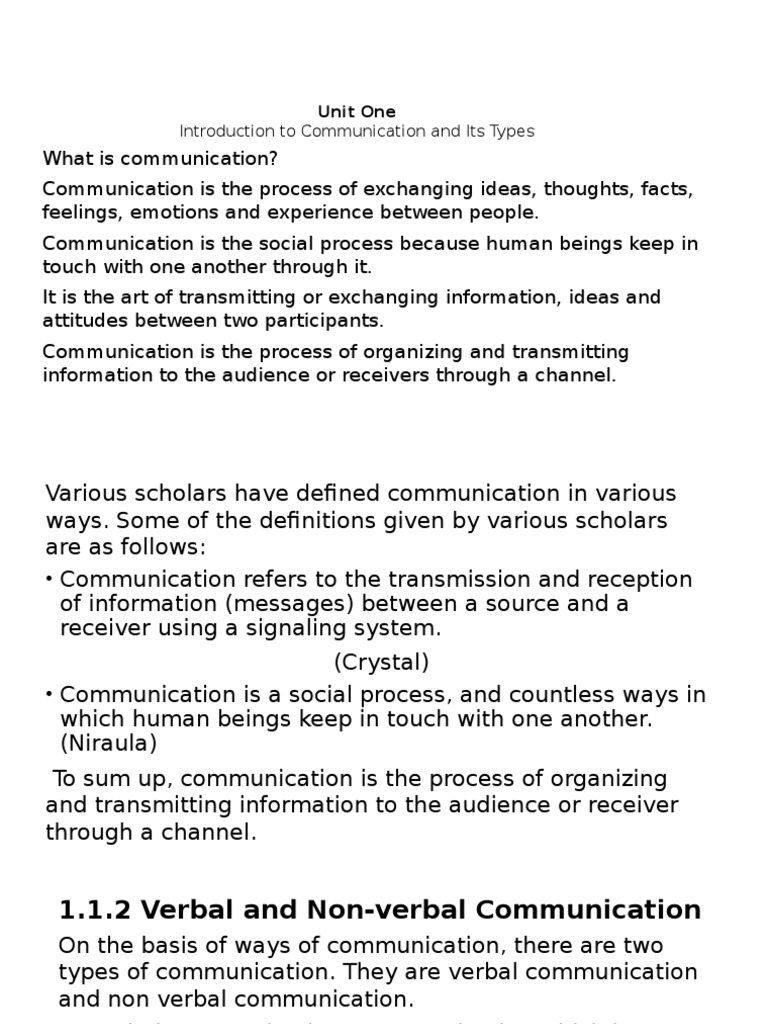 Unit 1.0 Introduction To Communication and Its Types | PDF | Nonverbal ...