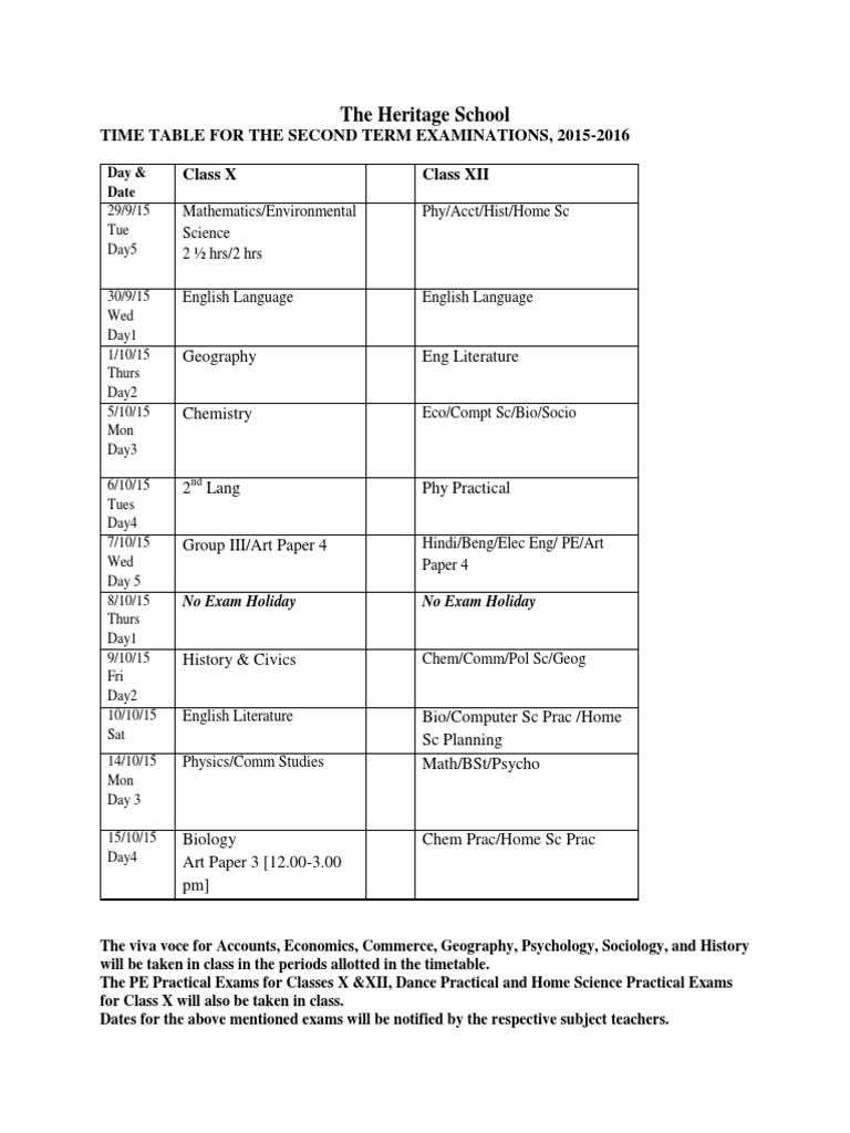 The Heritage School: Time Table For The Second Term Examinations, 2015 ...