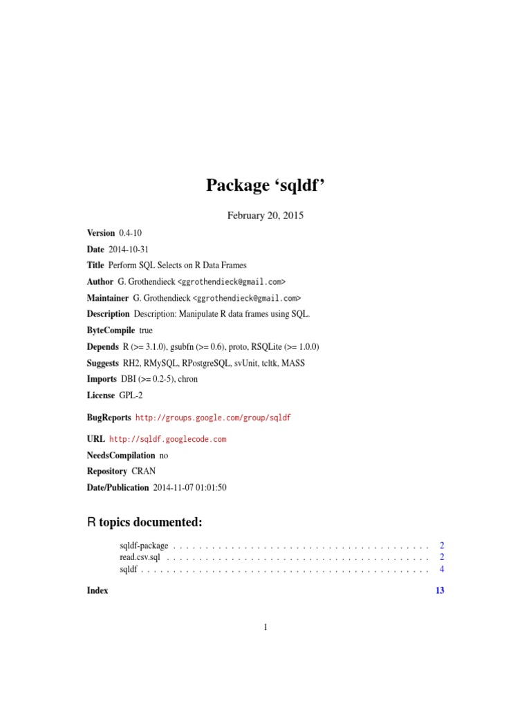 Performing Sql Queries On R Data Frames Using The Sqldf Package Pdf Postgre Sql Sql 