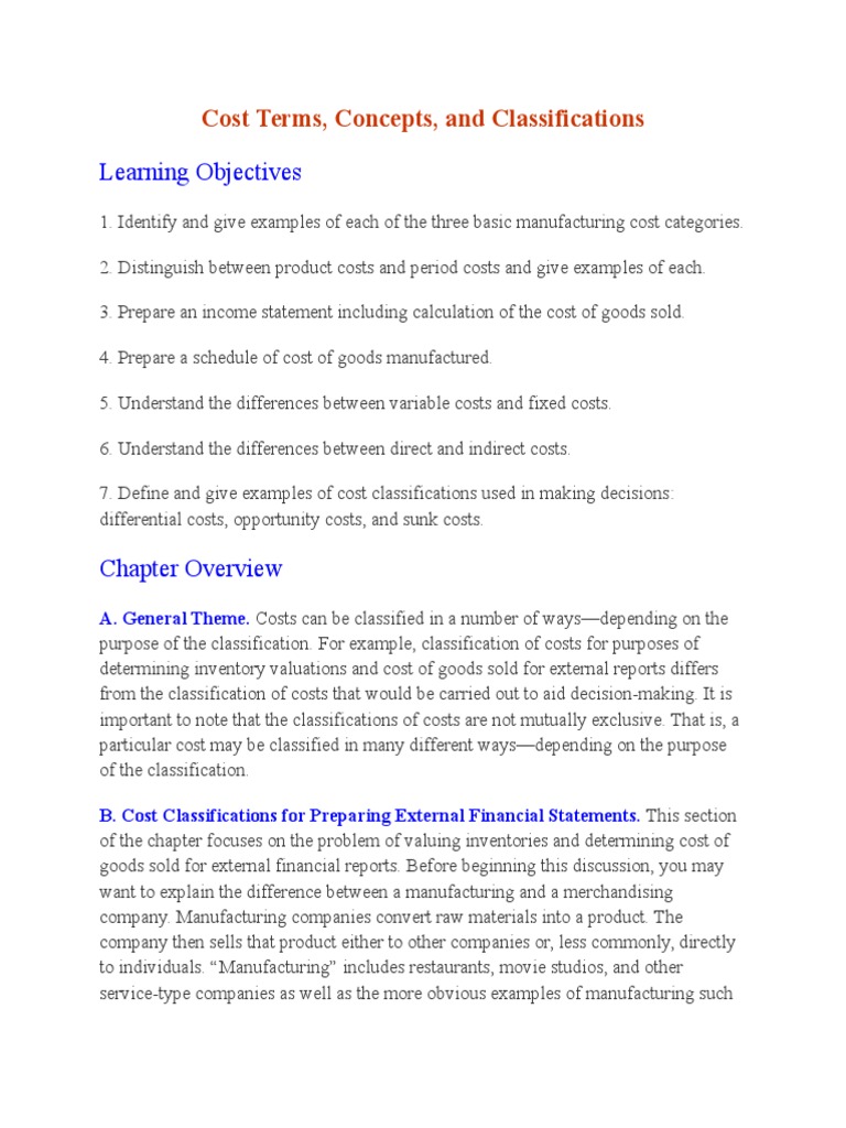 Learning Objectives: Cost Terms, Concepts, and Classifications | PDF | Inventory | Cost
