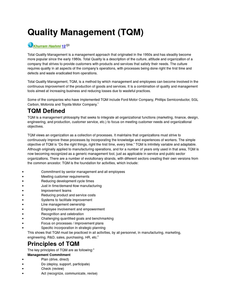 Quality Management (TQM) | PDF | Leadership | Strategic Management