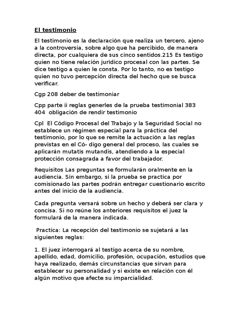 El Testimonio | PDF | Evidencia (ley) | Testigo experto